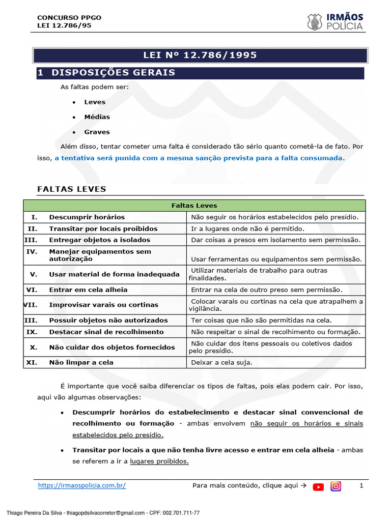 Lei 12.786-95 - Faltas Disciplinares No Sistema Penitenciário Estadual de Goiás | PDF | Crimes ...
