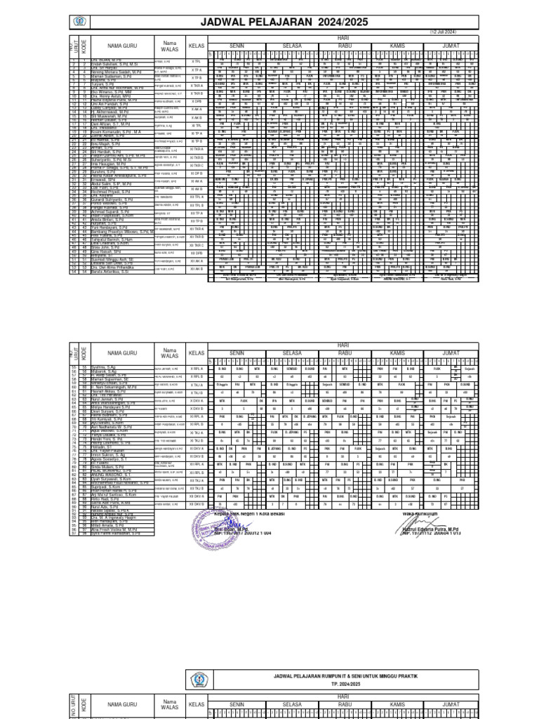 Jadwal Mata Pelajaran Ta. 2024-2025 | PDF