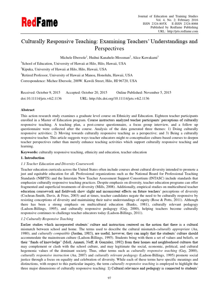 Culturally Responsive Teaching - Examining Teachers' Understandings and ... Culturally Responsive Teaching - Examining Teachers' Understandings and ...