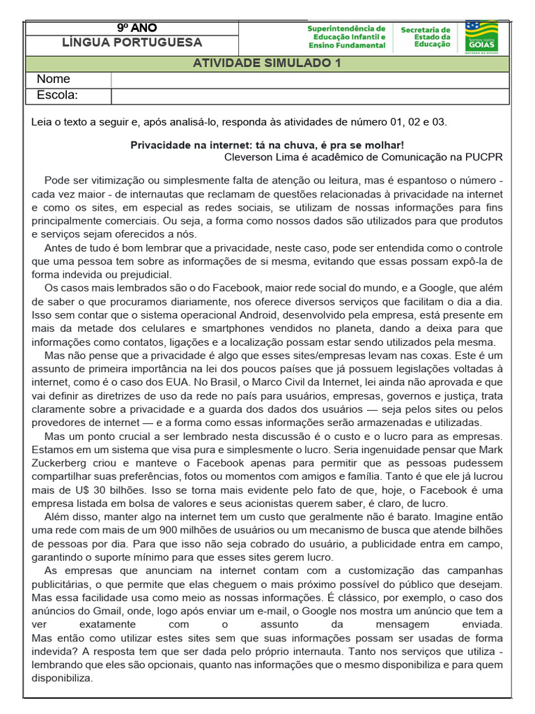 Atividade Simulado 1 - 9âº Ano LP | PDF | Internet | Facebook