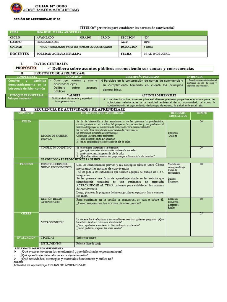 Abril 15 Al 19 1ro DPC Sesion de Aprendizaje N°5 | PDF | Aprendizaje | Cognición