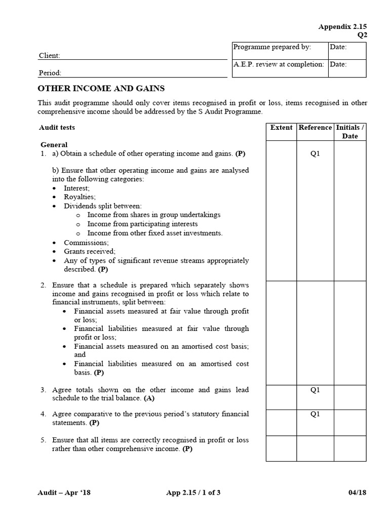 2.15 Q2 Other Income and Gains Audit Programme | PDF | Income | Audit