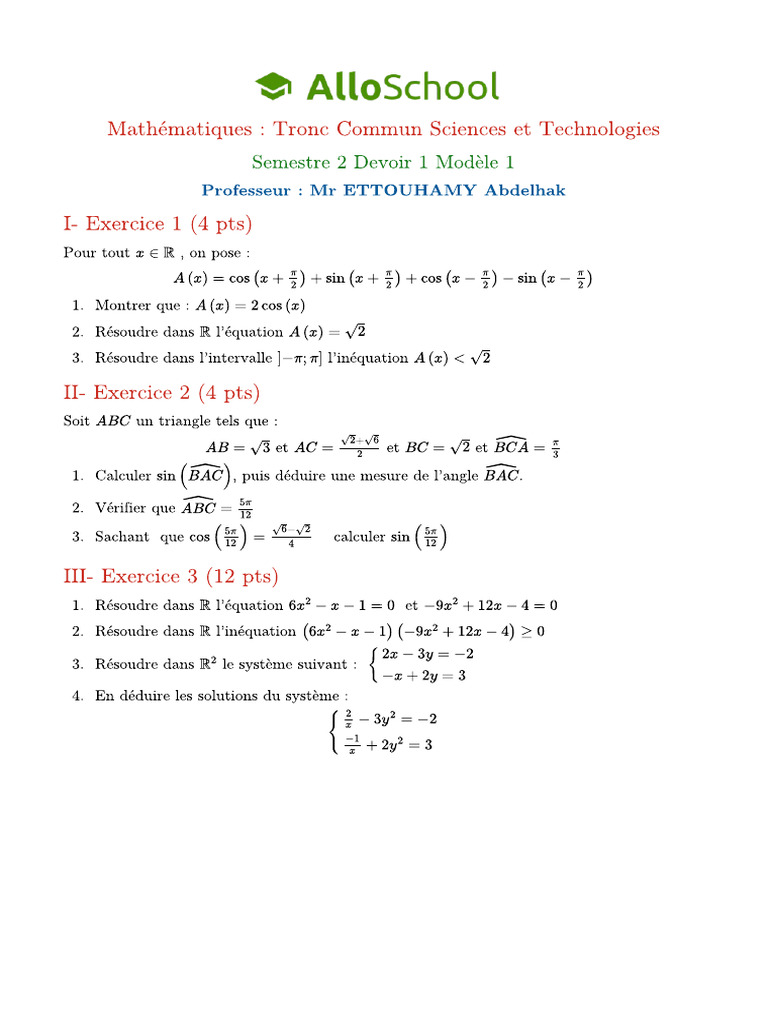 Math TC Semestre 2 Devoir 1 Modele 1 2 | PDF