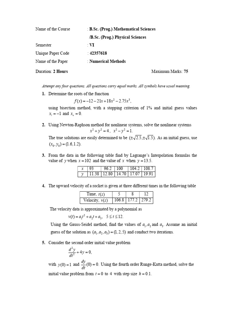 Numerical Methods Exam Paper | PDF | Numerical Analysis | Applied Mathematics