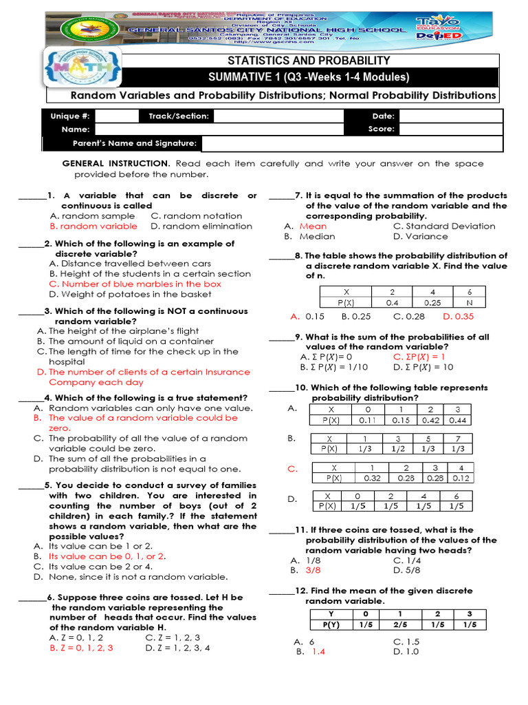 q3 Sum1 Statprob Answer-Key | PDF | Normal Distribution | Standard Deviation