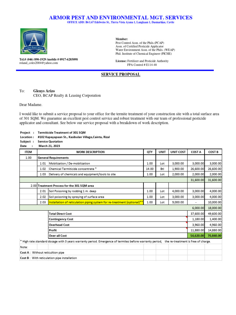 ARMOR Service Proposal-1 | PDF | Pest Control