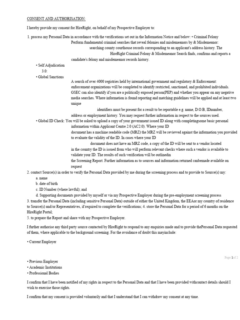 HireRight Consent Form - Template1 | PDF | Background Check