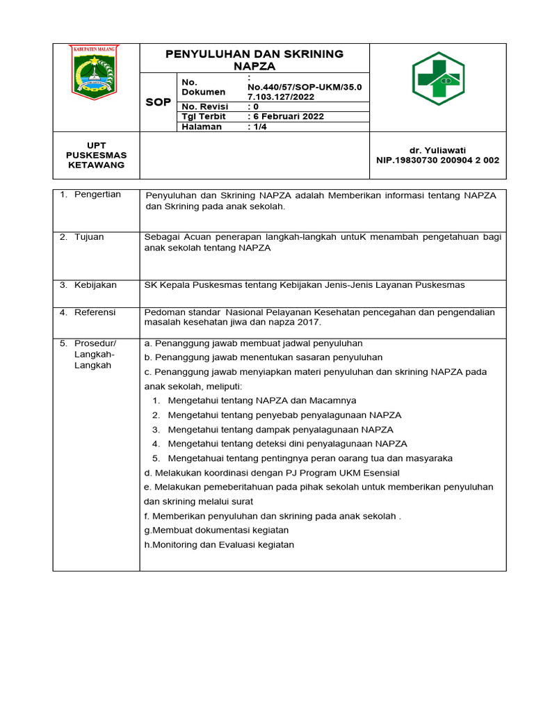 Sop Penyuluhan Dan Skrining Napza Fix | PDF