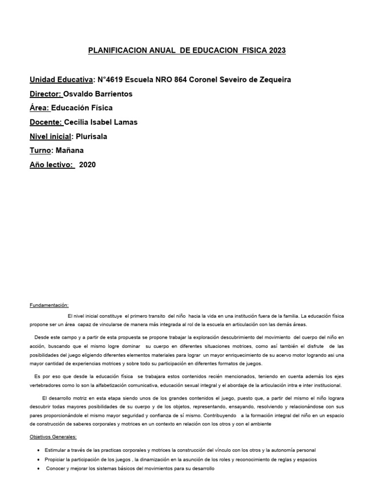 Planificacion Anual de Educacion Fisica 2020 (1) | Descargar gratis PDF | Educación de la ...