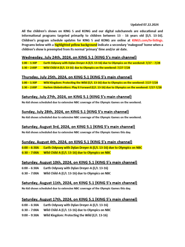 KING 5 Kids Program Summary Rev July 22 - 2024 | PDF | Nbc | Television ...