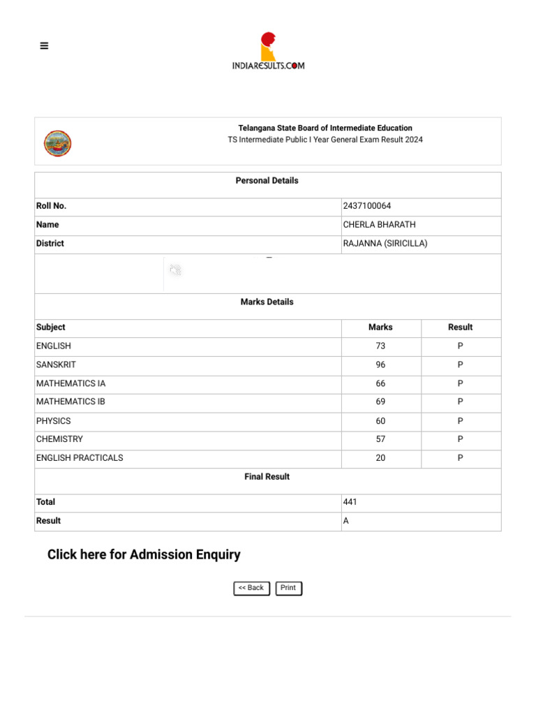 Bie-Telangana - TS Intermediate Public I Year General Exam Result 2024 ...