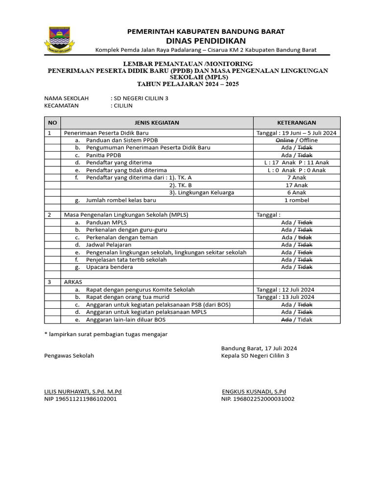 Lembar Monitoring PPDB Dan MPLS 2024-2025 | PDF