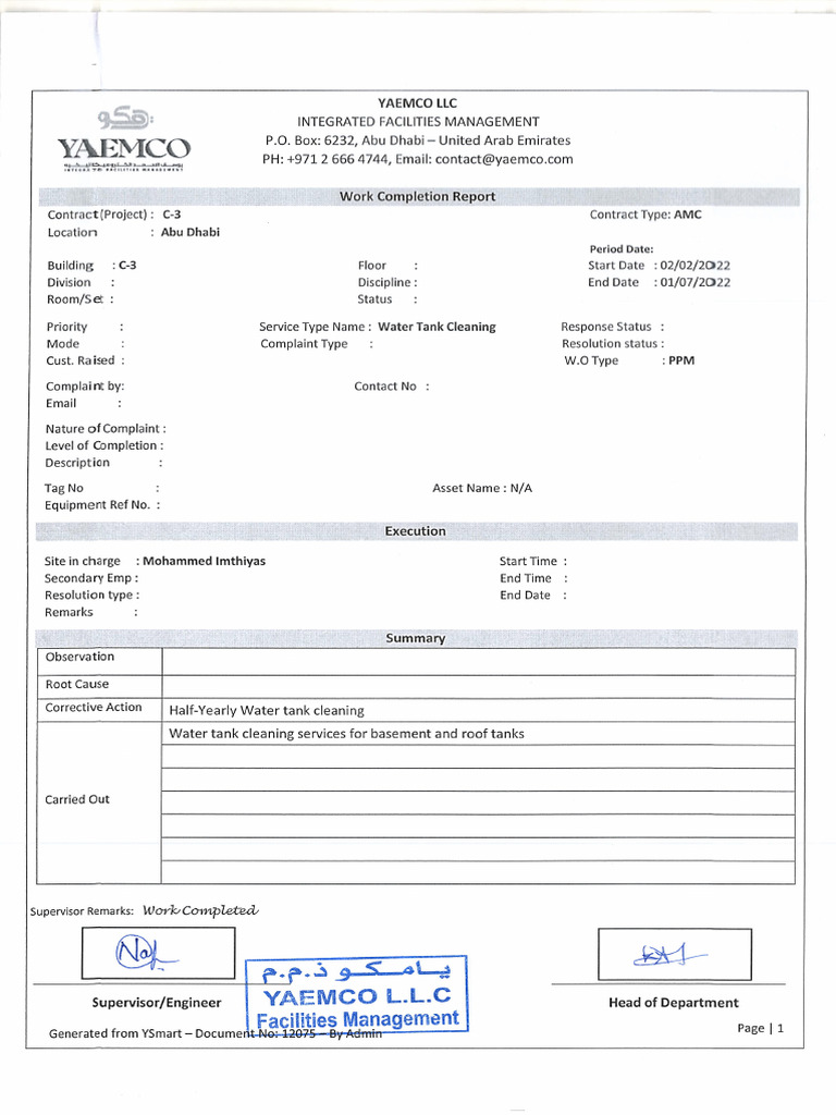 PPM Report - C-3 - Water Tank Cleaning | PDF