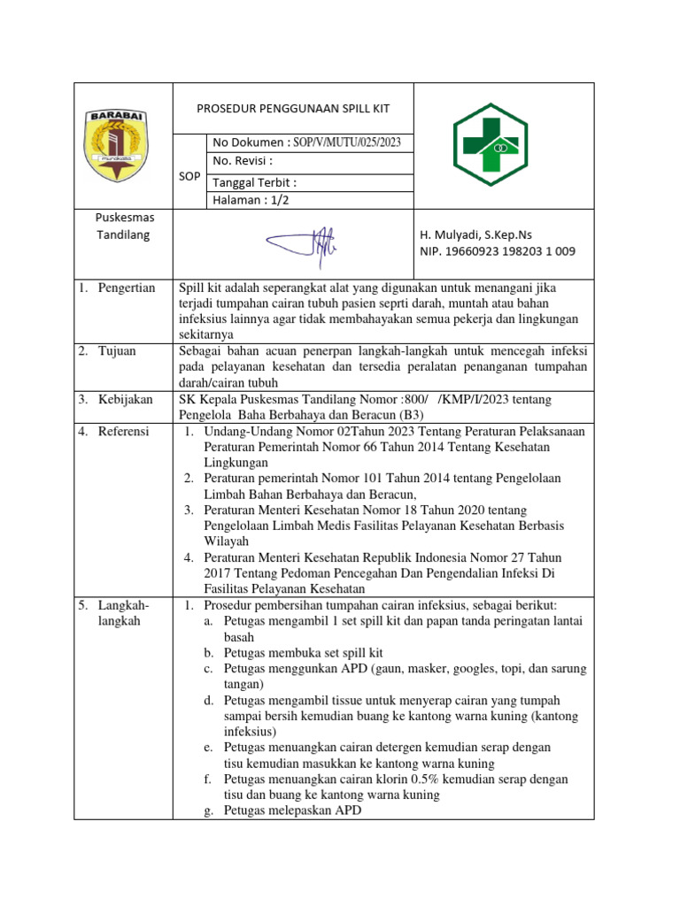 SOP Prosedur penggunaan spill kit | PDF