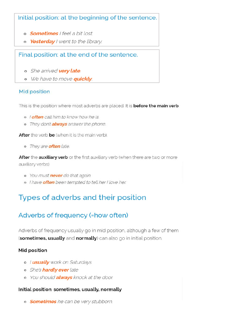 The Position of Adverbs and Adv. Phases. Explanation | PDF