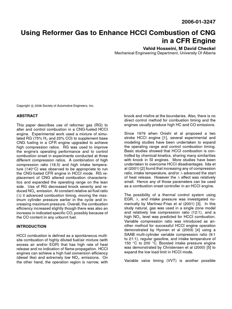 Using Reformer Gas To Enhance HCCI Combustion of CNG in A CFR Engine ...