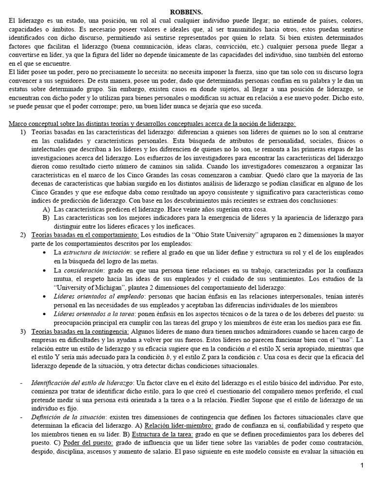 Robbins - Final | PDF | Liderazgo | Conceptos psicologicos