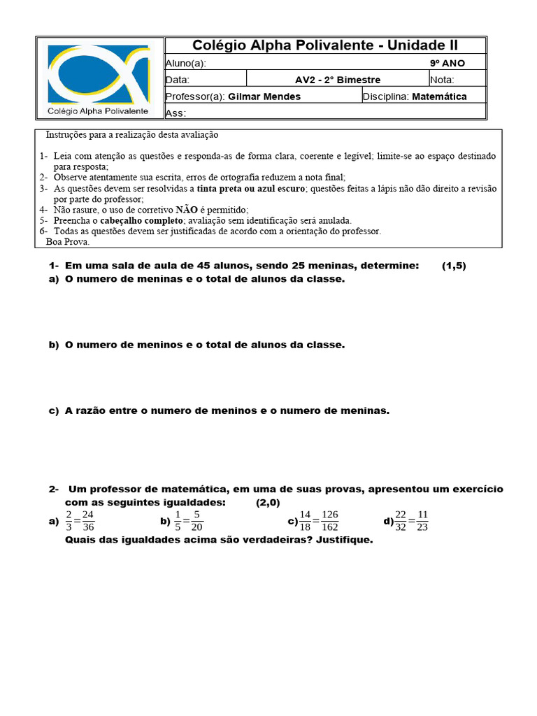 AV2-Mat 9 Ano 2 Bim 2024 Alpha | PDF