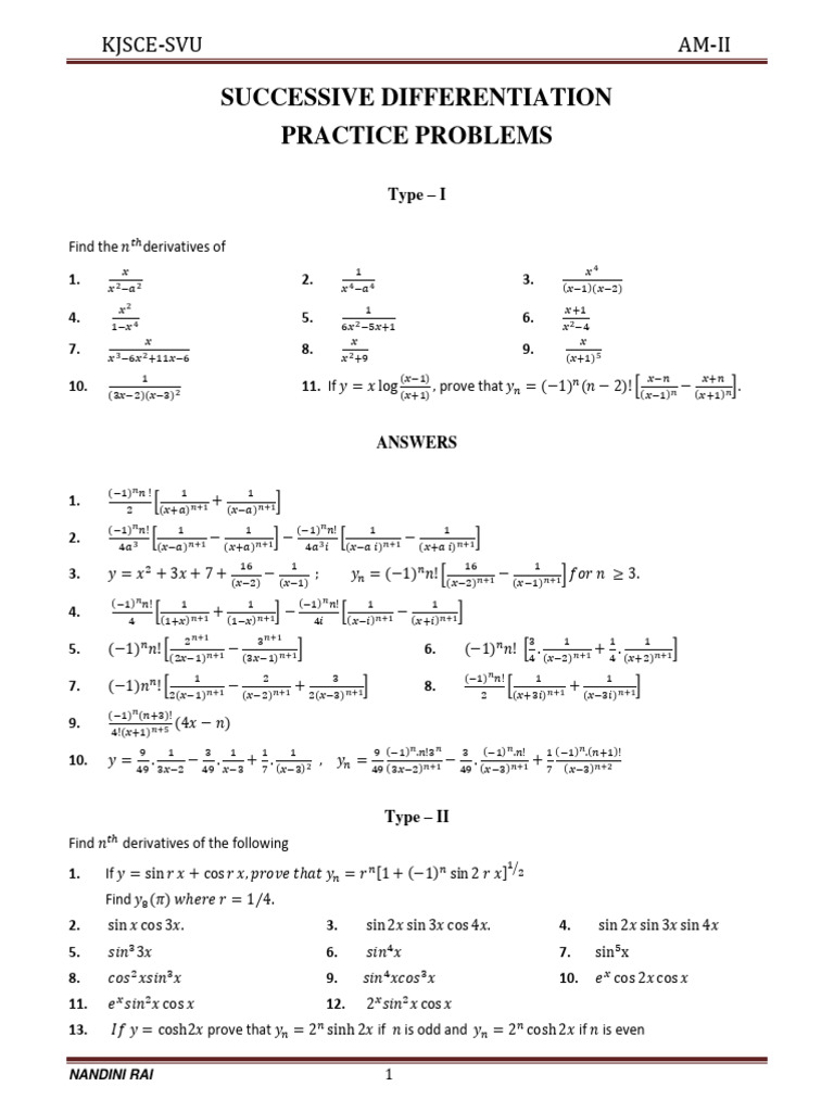 Practice Problems On Successive Differentiation | PDF | Geometric ...
