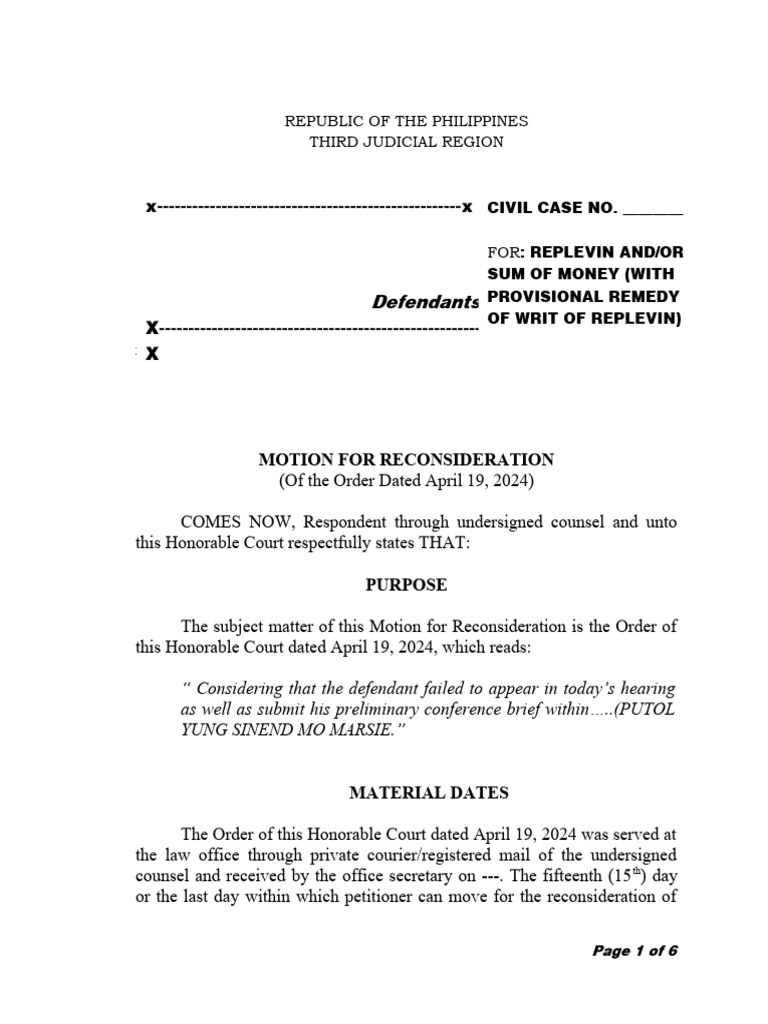 Motion For Reconsideration Replevin Case | PDF | Lawsuit | Continuance
