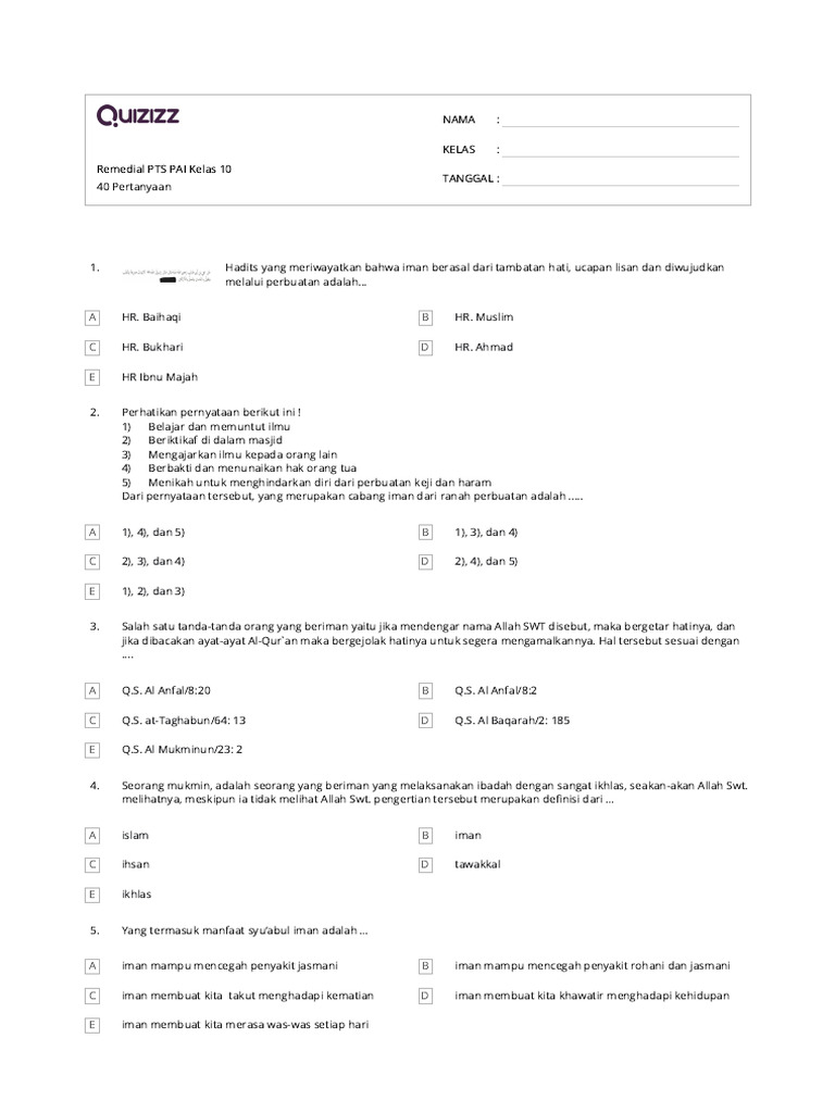 Soal Remedial PTS PAI Kelas 10 | PDF