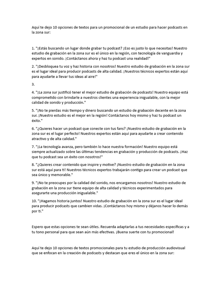 Aquí Te Dejo 10 Opciones de Textos para Un Promocional de Un Estudio para Hacer Podcasts en La ...