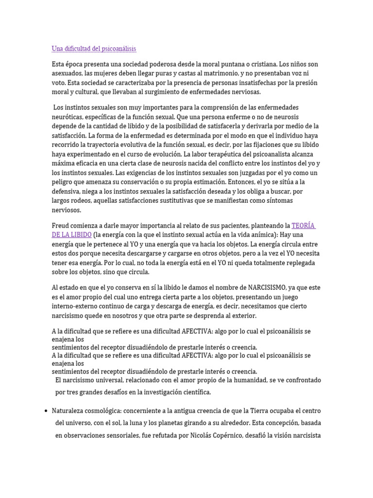 Una Dificultad Del Psicoanálisis Resumen | PDF | Psicoanálisis | Neurosis