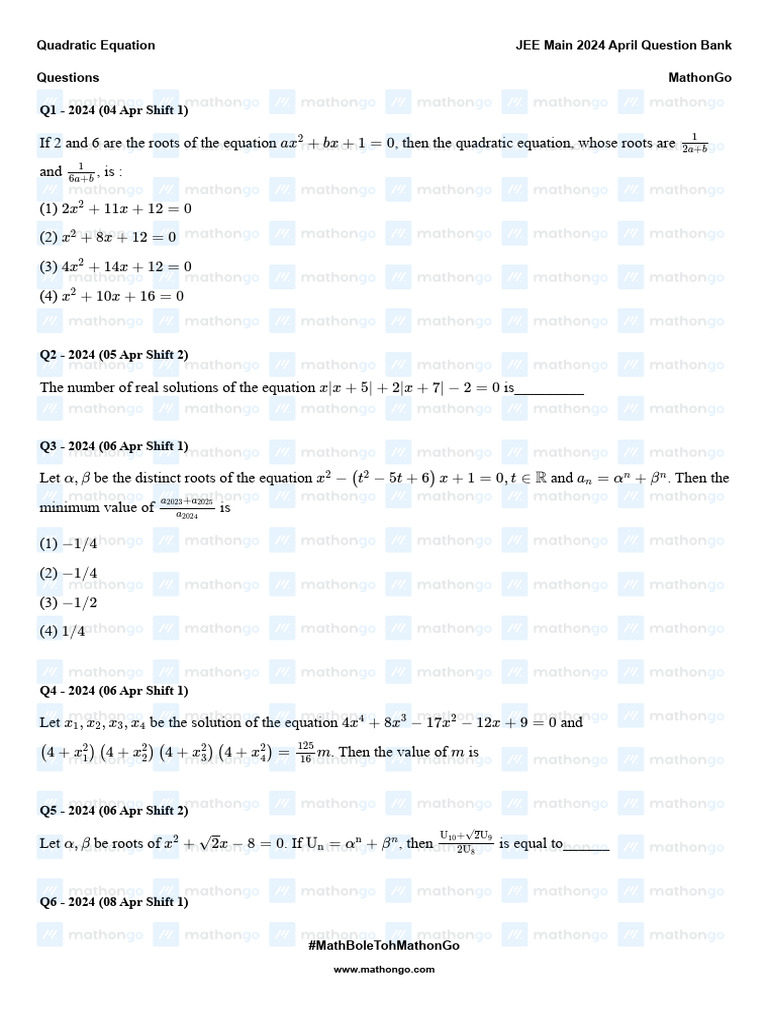 Quadratic Equation JEE Main 2024 April Question Bank MathonGo | PDF | Elementary Mathematics ...