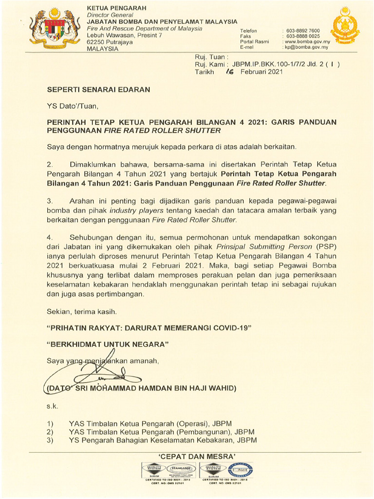 Perintah Tetap Ketua Pengarah Bil 4 2021 Garis Panduan Penggunaan Fire ...