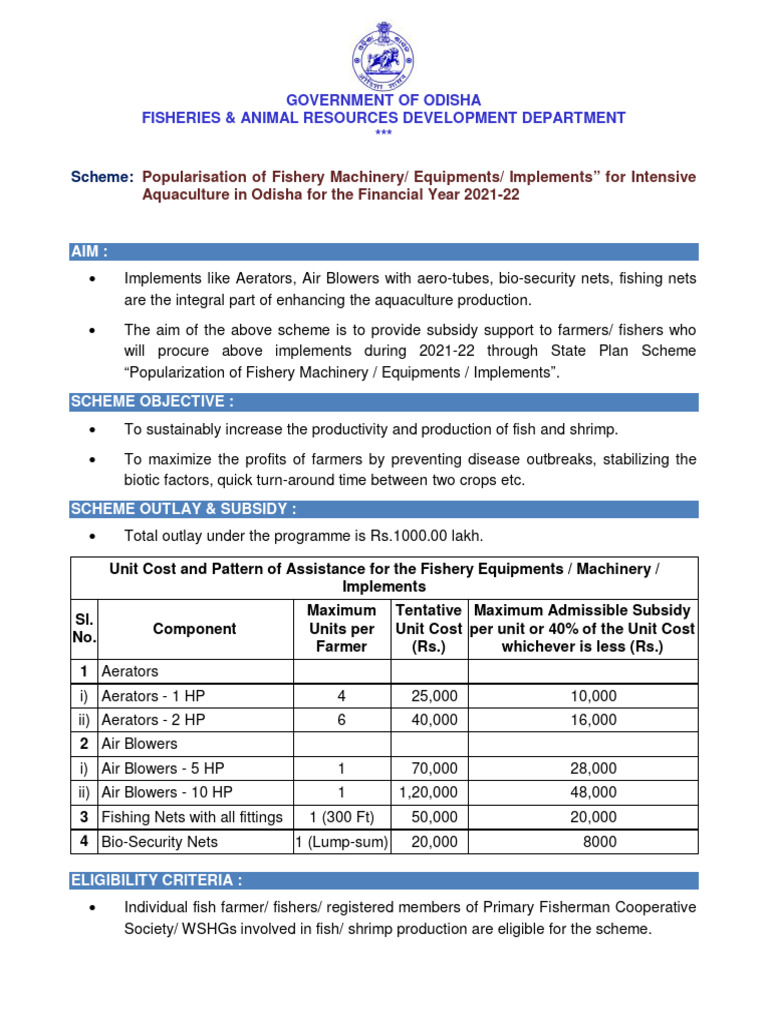 1. Subsidy for Fisheries Machineries - Equipments for Intensive Aquaculture | PDF | Subsidy