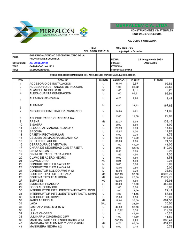 Proforma de Materiales de Construcción | PDF
