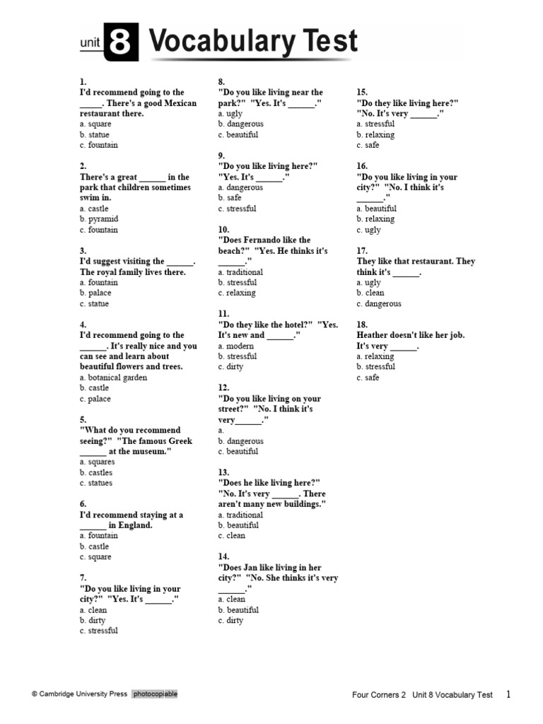 Four Corners 2 Unit 8 Vocabulary Test | PDF