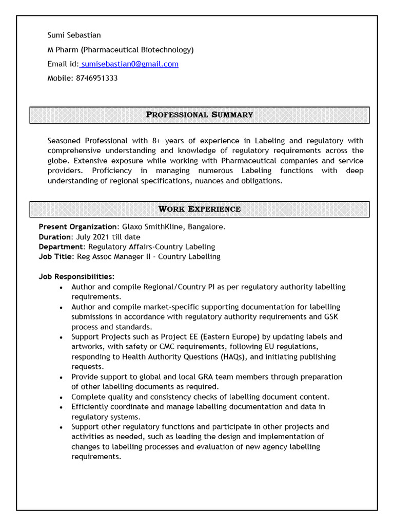 Sumi Sebastian_CV | Download Free PDF | Pharmacy | Regulatory Compliance