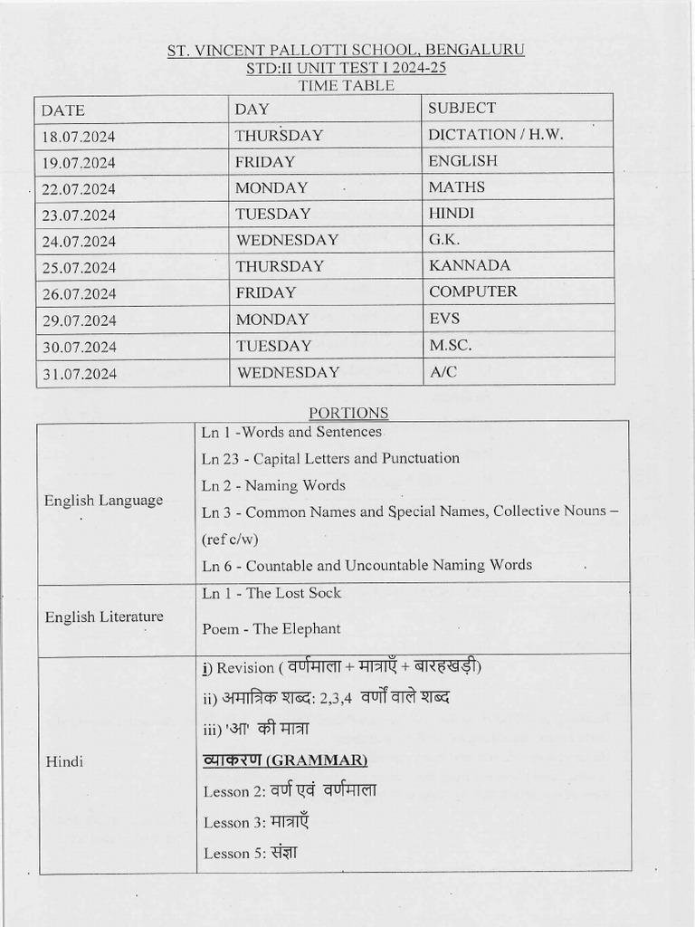 Std. II UT-I Time Table & Portions 2024-25 | PDF