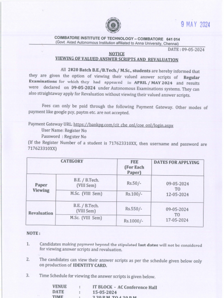 Paper Viewing and Revaluation - Circular For Results Declared On 09.5. ...