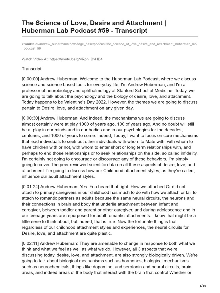 The Science of Love Desire and Attachment Huberman Lab Podcast 59 - Transcript | PDF ...