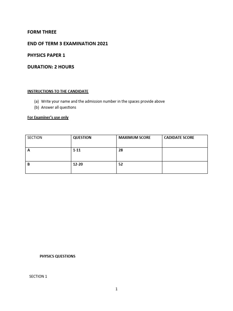 Physics Paper 1 Questions f3 2021 Term 3 | PDF | Force | Physical Phenomena