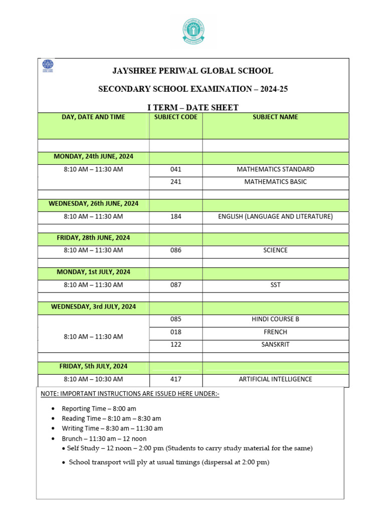I TERM EXAMINATION SCHEDULE - GRADE 10 CBSE - 2024-25 | PDF | Educational Stages
