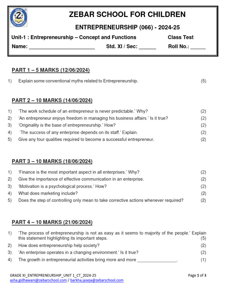 Etp Unit 1 Class Test | PDF | Entrepreneurship | Business Economics