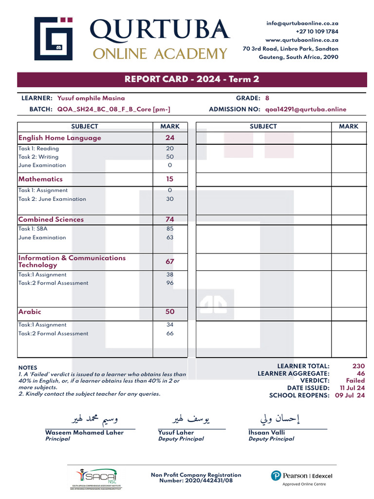 Yusuf Omphile Masina - Grade 8 - TERM 2 Report 2024 | PDF | Behavior ...
