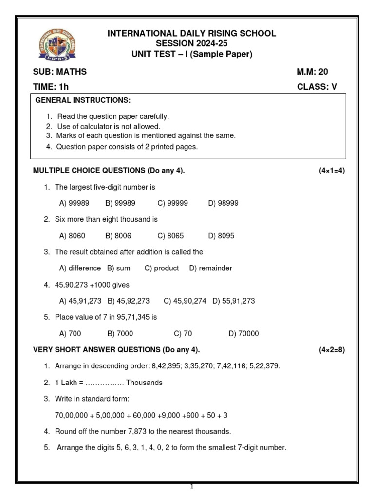Ut 1 Maths Class 5 | PDF | Mathematics