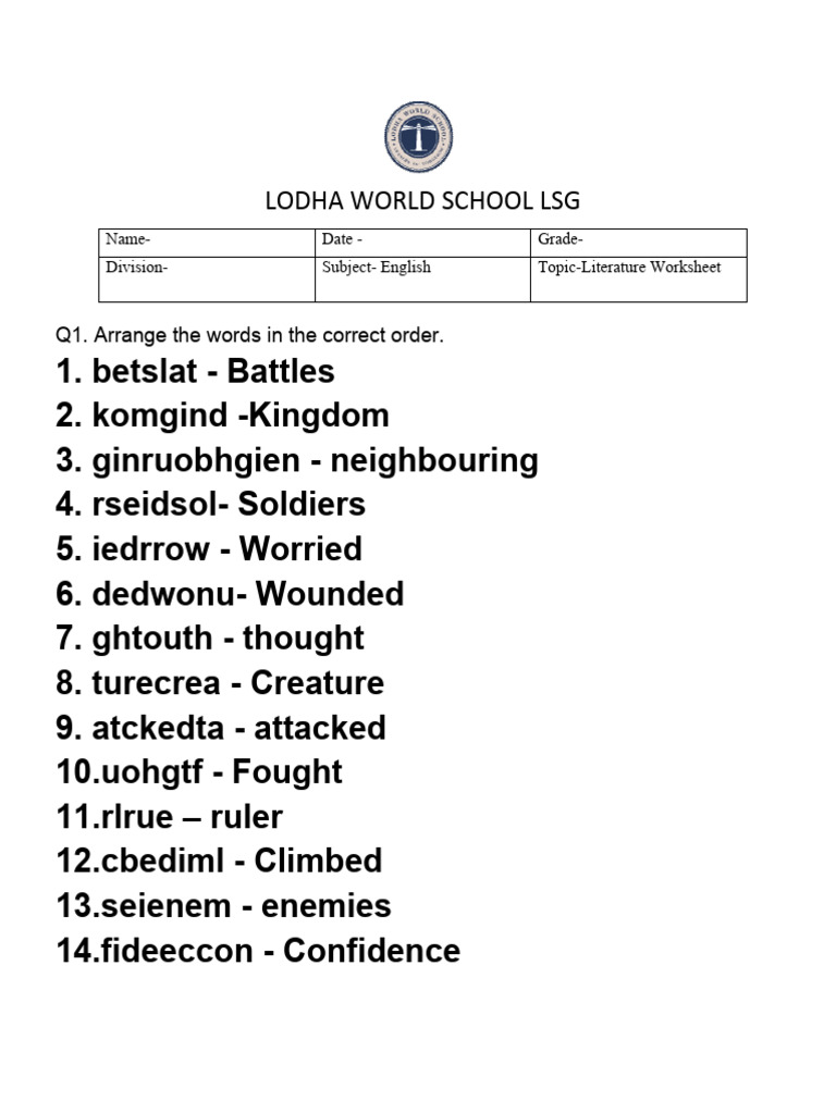 King and Spider Worksheet for Class 6 | PDF