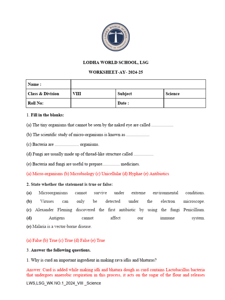 Class VIII - 2.microorganisms Friend and Foe Summary Worksheet | PDF ...