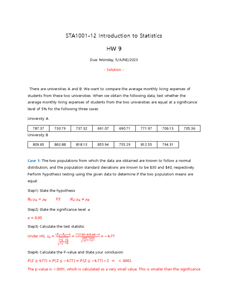 Introduction To Statistics HW9 - Sol | PDF | P Value | Teaching Mathematics