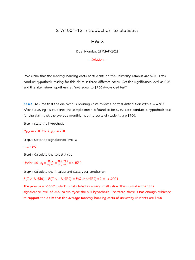 Introduction To Statistics HW8 - Sol | PDF | Statistical Significance | P Value