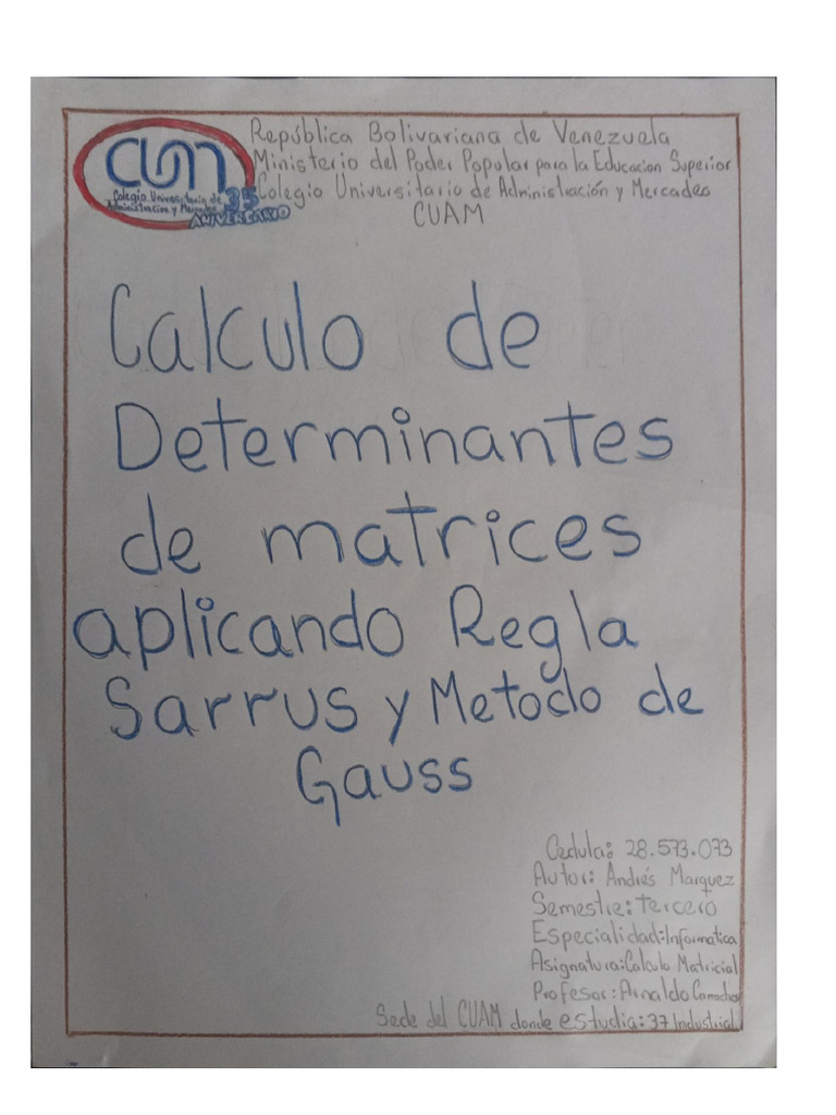 Cálculo de Determinantes de Matrices Aplicando Regla Sarrus y Método de ...
