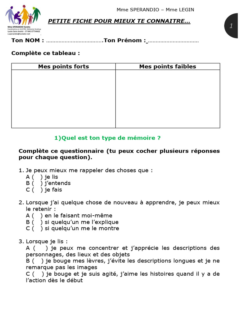 Questionnaire de rentrée scolaire élève | PDF | Arts du langage et ...