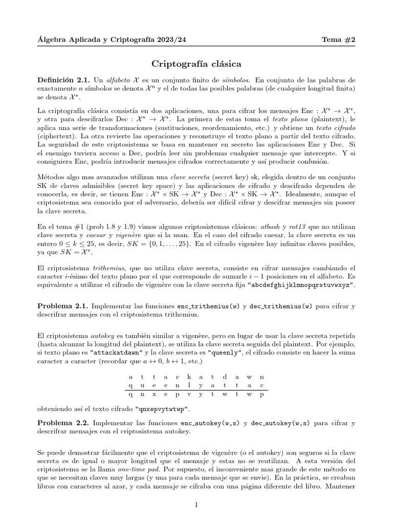 Tema2 Clasica | PDF | Clave (criptografía) | Cifrado
