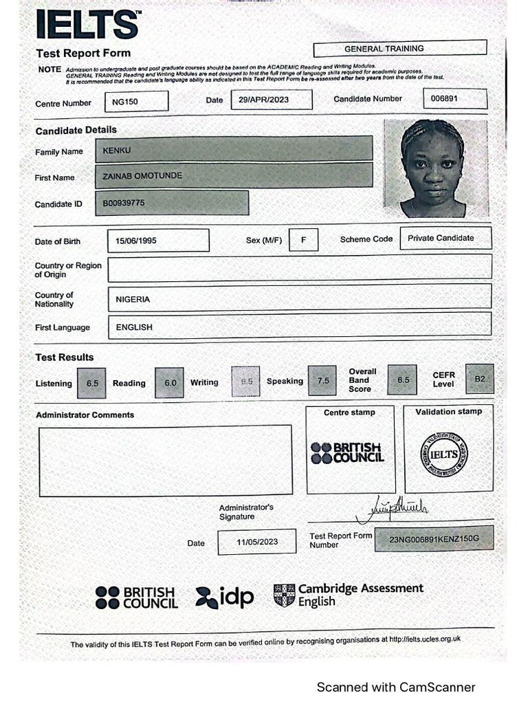 IELTS Test Report Form | PDF