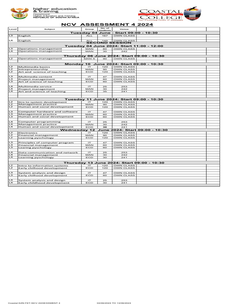 KZN NCV Assessment Schedule 2024 | PDF | Computing
